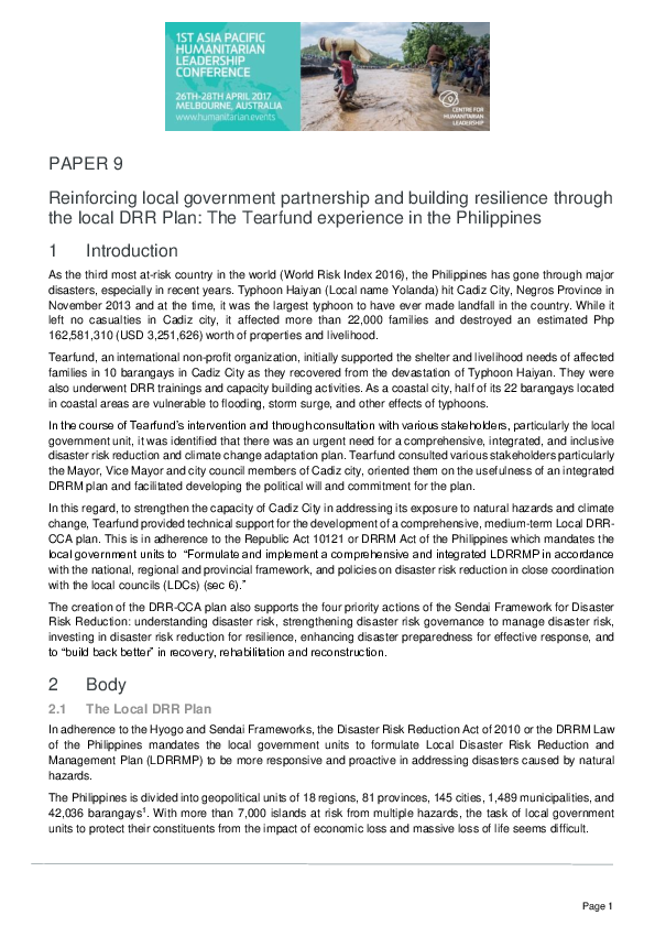 (PDF) Reinforcing local government partnership and building resilience through the local DRR ...