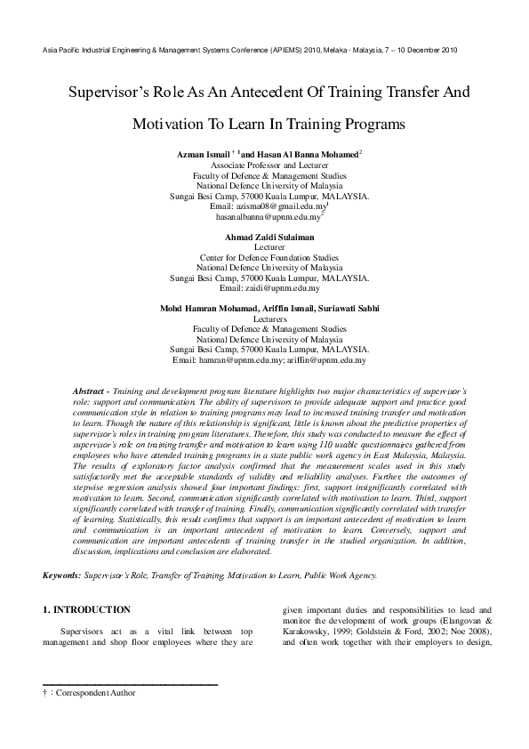 (PDF) Supervisor's Role as an Antecedent of Training Transfer and ...