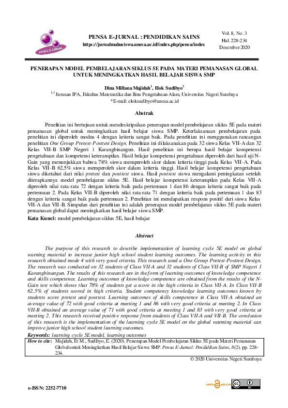 (PDF) Penerapan Model Pembelajaran Siklus 5E Pada Materi Pemanasan Global Untuk Meningkatkan ...