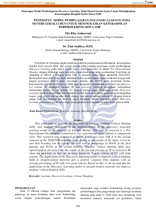 (PDF) Penerapan Model Pembelajaran Discovery Learning pada Materi Gerak ... (PDF) Penerapan Model Pembelajaran Discovery Learning pada Materi Gerak ...