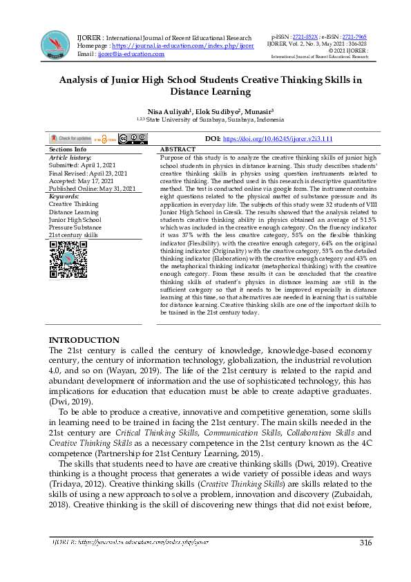 (PDF) Analysis of Junior High School Students Creative Thinking Skills in Distance Learning