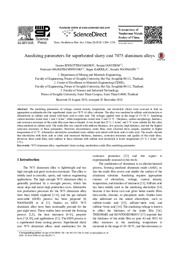 (PDF) Anodizing parameters for superheated slurry cast 7075 aluminum alloys