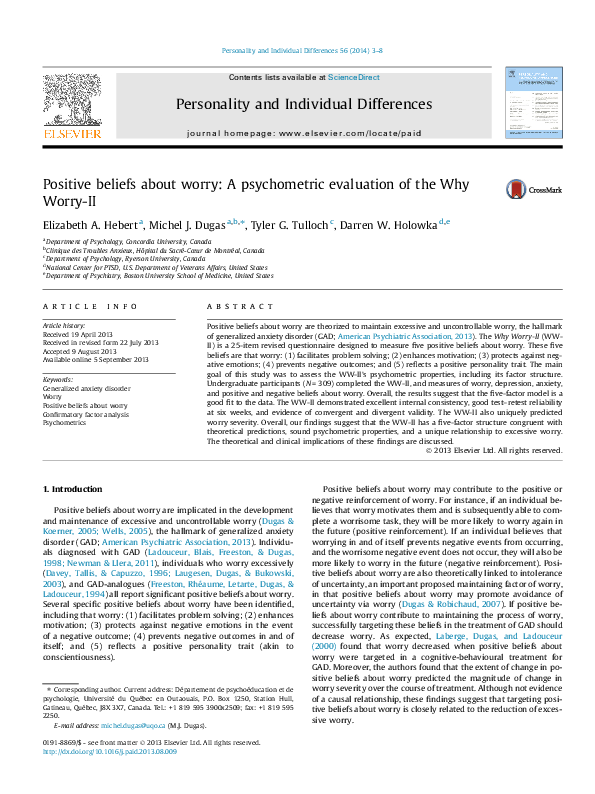 (PDF) Positive beliefs about worry: A psychometric evaluation of the ...