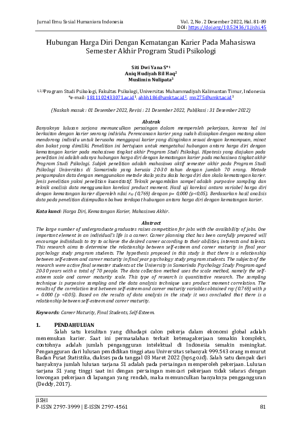 (PDF) Hubungan Harga Diri dengan Kematangan Karier Pada Mahasiswa Akhir Program Studi Psikologi