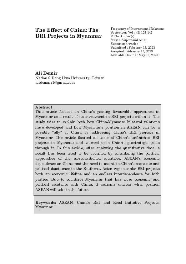 (PDF) The Effect of China: The BRI Projects in Myanmar
