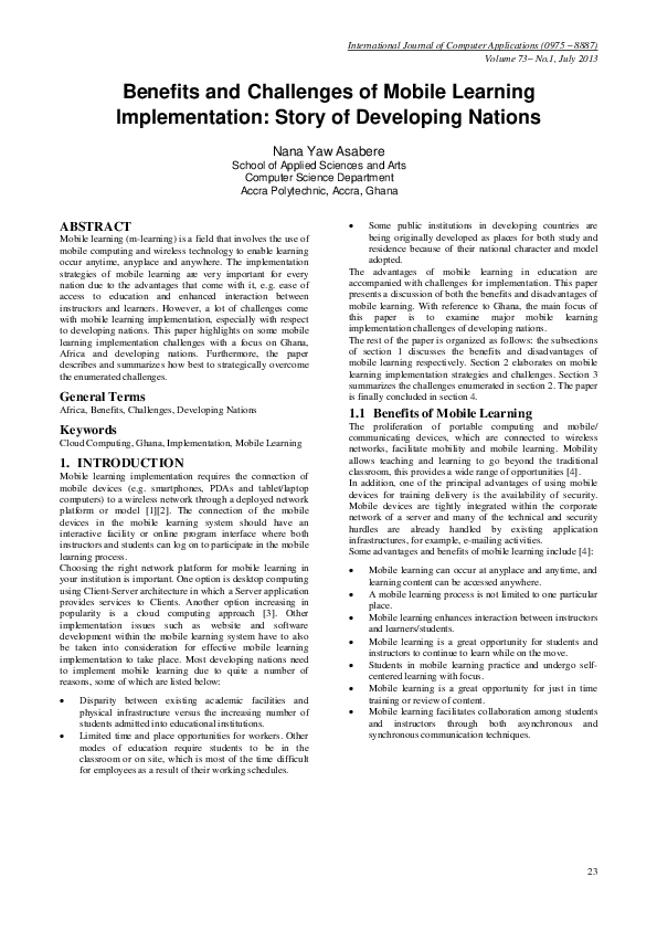 (PDF) Benefits and Challenges of Mobile Learning Implementation: Story ...