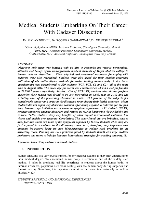 (PDF) Medical Students Embarking On Their Career With Cadaver Dissection