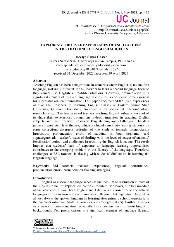 (PDF) Exploring the Lived Experiences of Esl Teachers in the Teaching ...