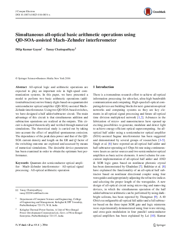 (PDF) Simultaneous all-optical basic arithmetic operations using QD-SOA ...
