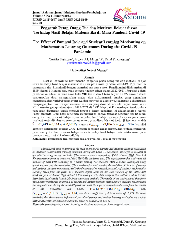 (PDF) Pengaruh Peran Orang Tua Dan Motivasi Belajar Siswa Terhadap Hasil Belajar Matematika ...