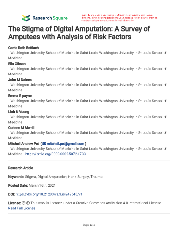 (PDF) The stigma of digital amputation: a survey of amputees with ...