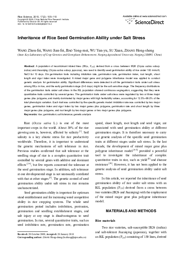 (PDF) Inheritance of Rice Seed Germination Ability under Salt Stress