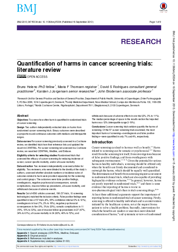 (PDF) Quantification of harms in cancer screening trials: literature review
