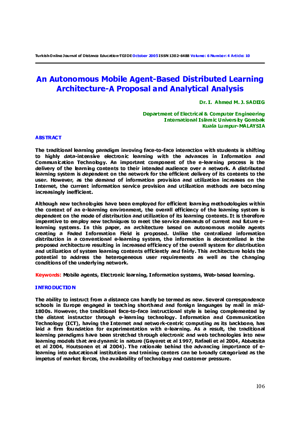 (PDF) An autonomous mobile agent-based distributed learning architecture: a proposal and ...