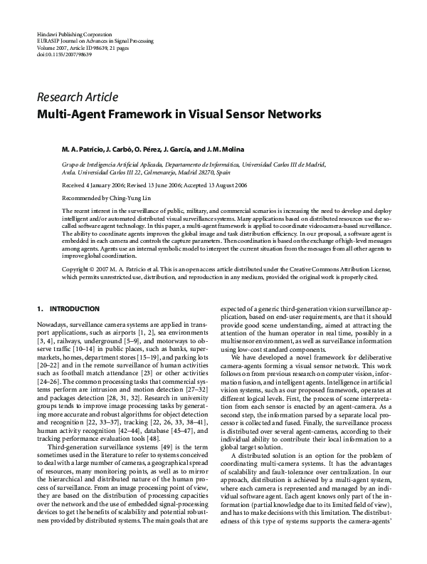 (PDF) Multi-Agent Framework in Visual Sensor Networks