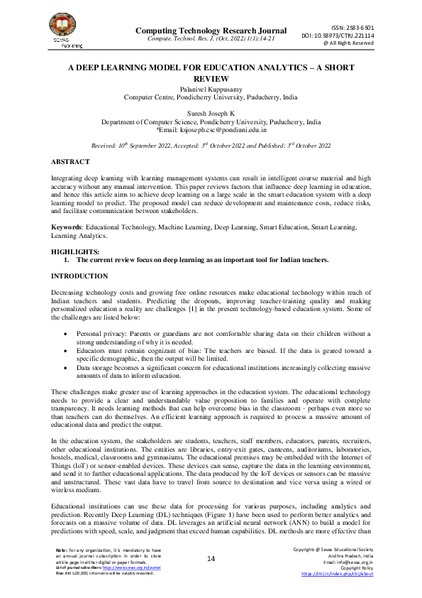 (PDF) A Deep Learning Model for Education Analytics – a Short Review
