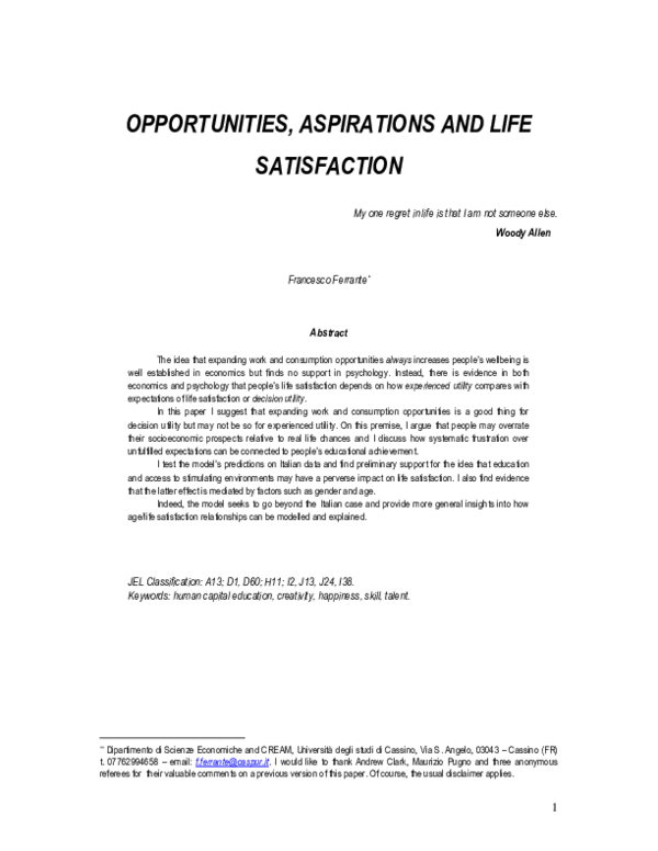 (PDF) Opportunities, Aspirations and Life Satisfaction