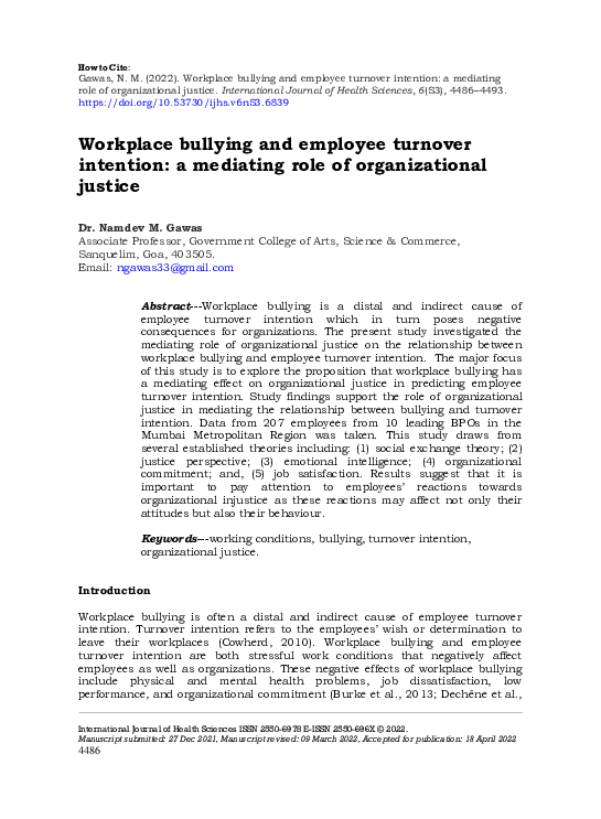 (PDF) Workplace bullying and employee turnover intention: a mediating role of organizational justice