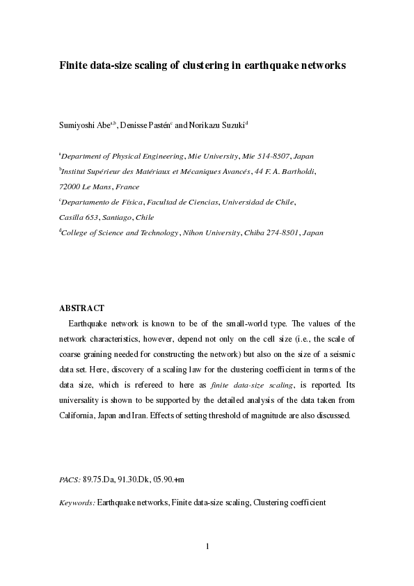 Pdf Finite Data Size Scaling Of Clustering In Earthquake Networks