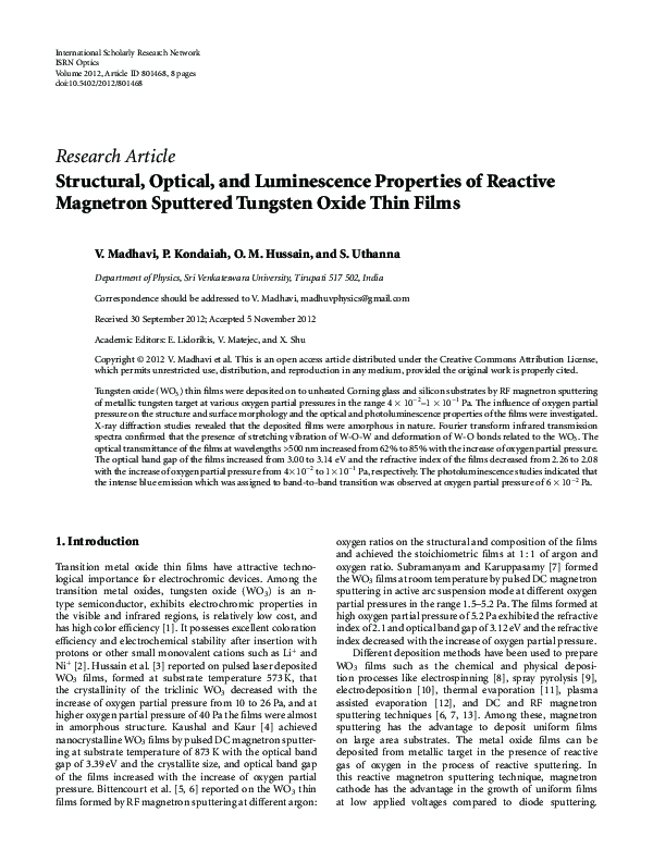 (PDF) Structural, Optical, and Luminescence Properties of Reactive Magnetron Sputtered Tungsten ...