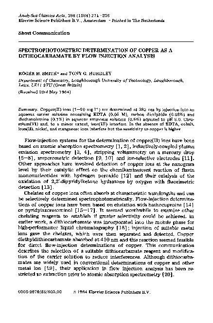 Pdf Spectrophotometric Determination Of Copper As A Dithiocarbamate By Flow Injection Analysis