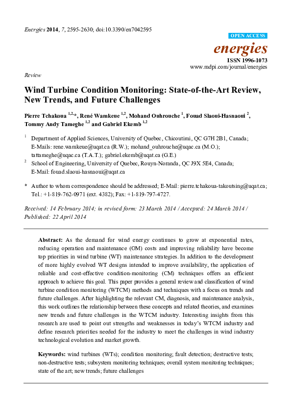 (PDF) Wind Turbine Condition Monitoring: State-of-the-Art Review, New Trends, and Future Challenges