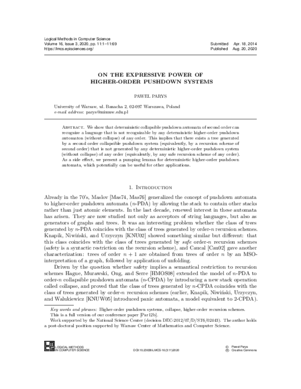 (PDF) On the Expressive Power of Higher-Order Pushdown Systems
