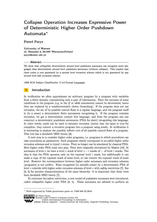 (PDF) Collapse Operation Increases Expressive Power of Deterministic Higher Order Pushdown Automata