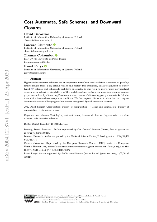 (PDF) Cost Automata, Safe Schemes, and Downward Closures
