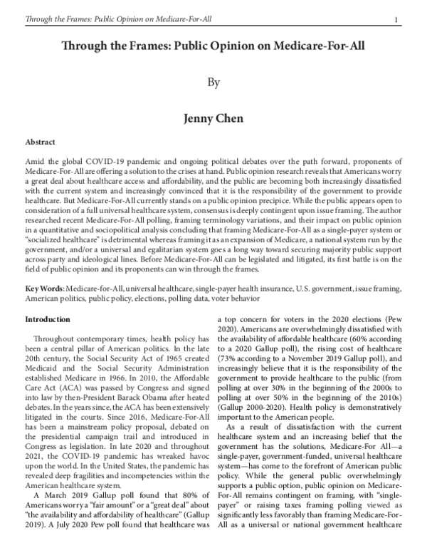 (PDF) Through the Frames: Public Opinion on Medicare-For-All