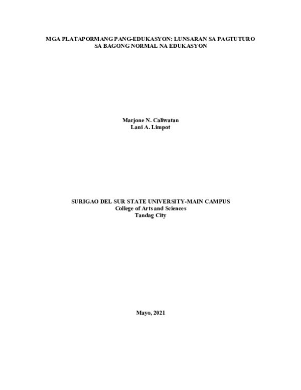(DOC) MGA PLATAPORMANG PANG-EDUKASYON: LUNSARAN SA PAGTUTURO SA BAGONG ...