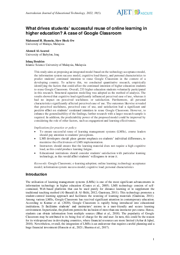 (PDF) What drives students’ successful reuse of online learning in ...