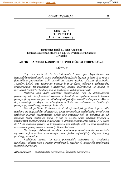 (PDF) Artikulacijski nasuprot fonološkom poremecaju
