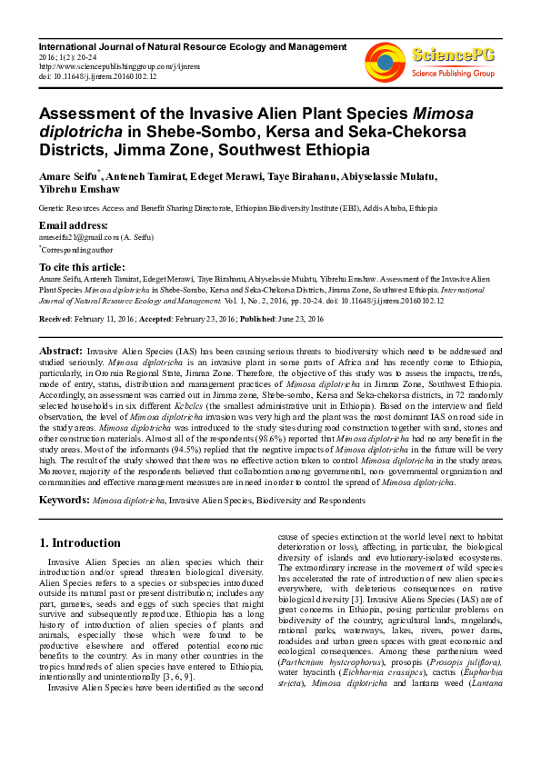 (PDF) Assessment of the Invasive Alien Plant Species Mimosa diplotricha in Shebe-Sombo, Kersa ...