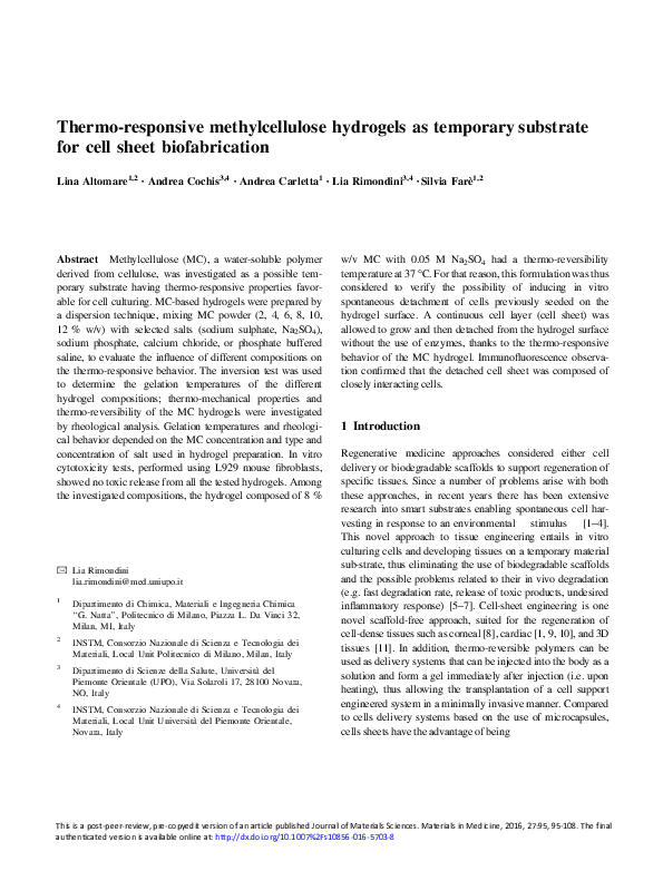 (PDF) Thermo-responsive methylcellulose hydrogels as temporary substrate for cell sheet ...