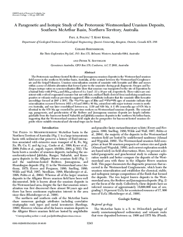 (PDF) A Paragenetic and Isotopic Study of the Proterozoic Westmoreland ...