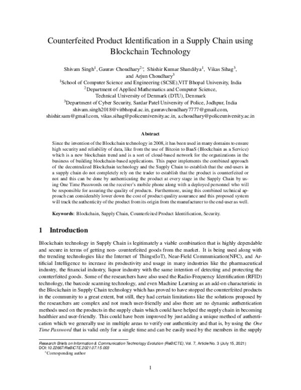 (PDF) Counterfeited Product Identification in a Supply Chain using Blockchain Technology