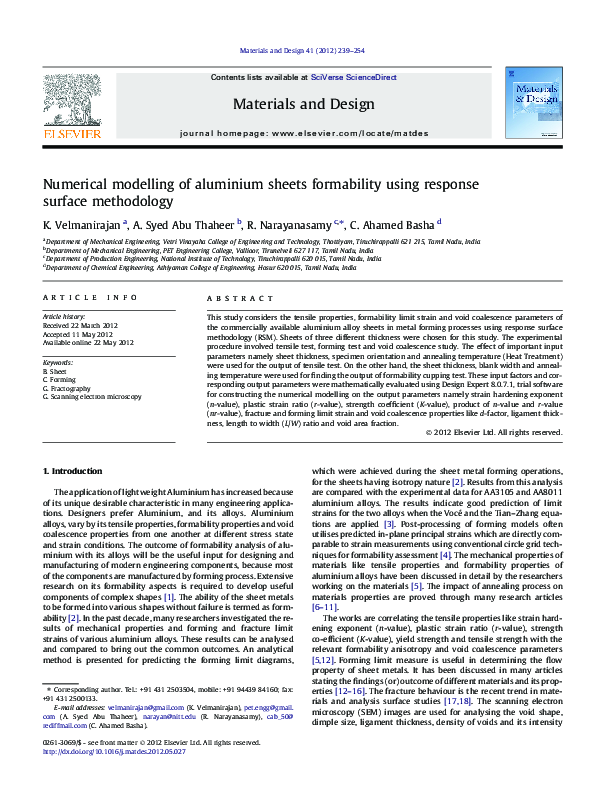 Numerical modelling of aluminium sheets formability using response ...