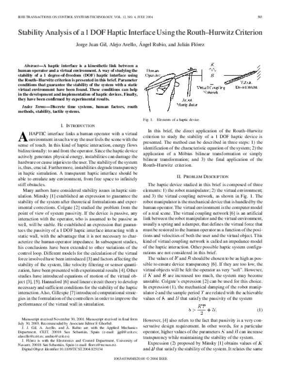 (PDF) Stability Analysis of a 1 DOF Haptic Interface Using the Routh–Hurwitz Criterion