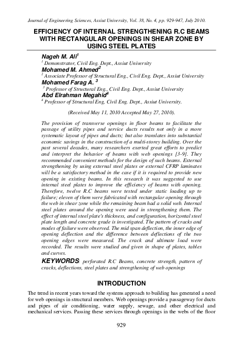Pdf Efficiency Of Internal Strengthening R C Beams With Rectangular Openings In Shear Zone By