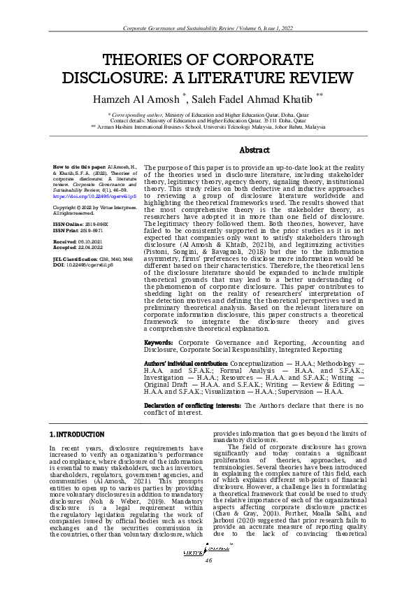 (PDF) Theories of corporate disclosure: A literature review