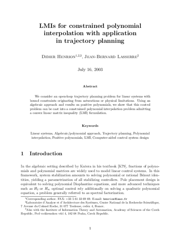 (PDF) LMIs for constrained polynomial interpolation with application in trajectory planning