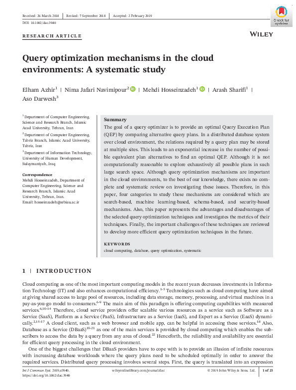 (PDF) Query optimization mechanisms in the cloud environments: A systematic study