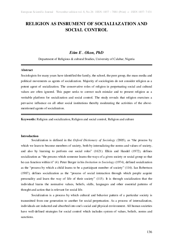 (PDF) Religion as Insrument of Socialiazation and Social Control | Etim ...