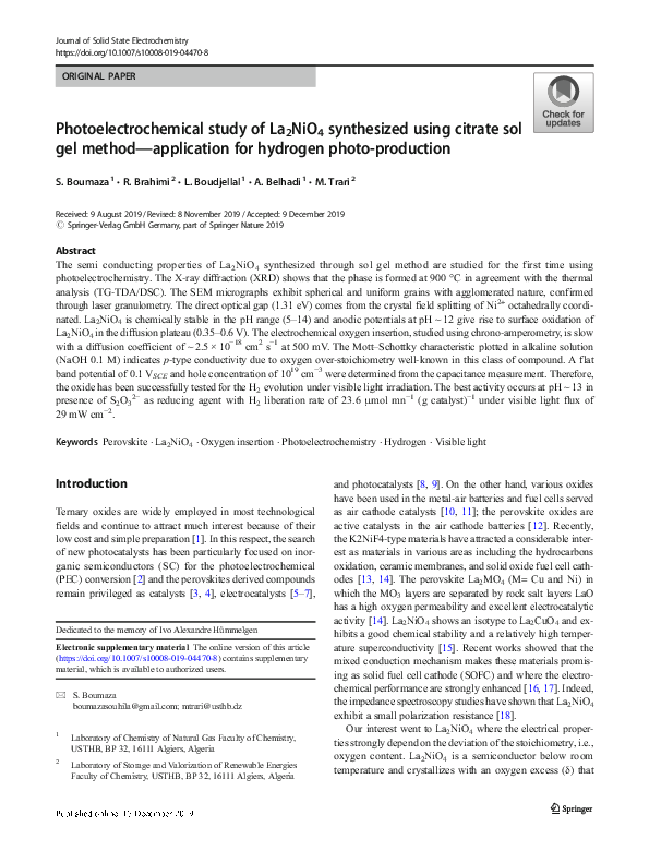 (PDF) La2NiO4 Synthesis and Photoelectrochemical Hydrogen Production