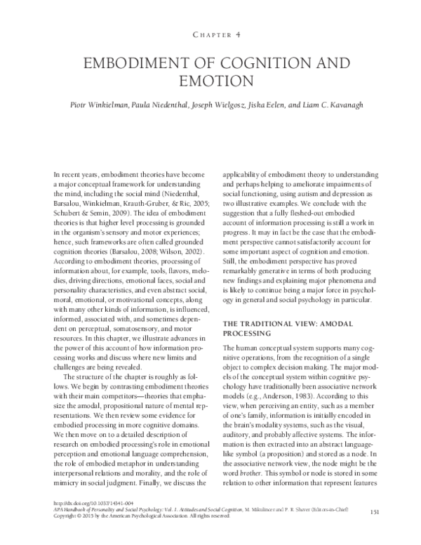 (PDF) Embodiment of cognition and emotion | Liam Kavanagh - Academia.edu
