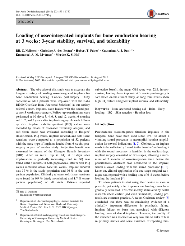 (PDF) Loading of osseointegrated implants for bone conduction hearing ...