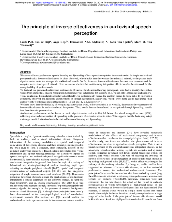 (PDF) The principle of inverse effectiveness in audiovisual speech ...