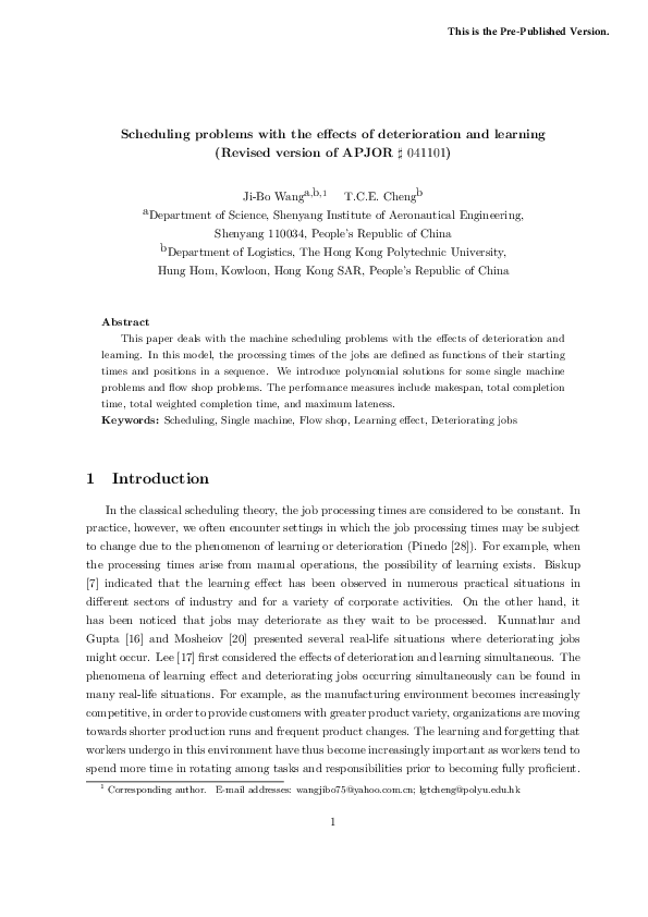 Pdf Scheduling Problems With The Effects Of Deterioration And