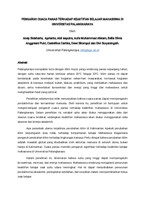 (PDF) PENGARUH CUACA PANAS TERHADAP KEAKTIFAN BELAJAR MAHASISWA DI UNIVERSITAS PALANGKARAYA 3